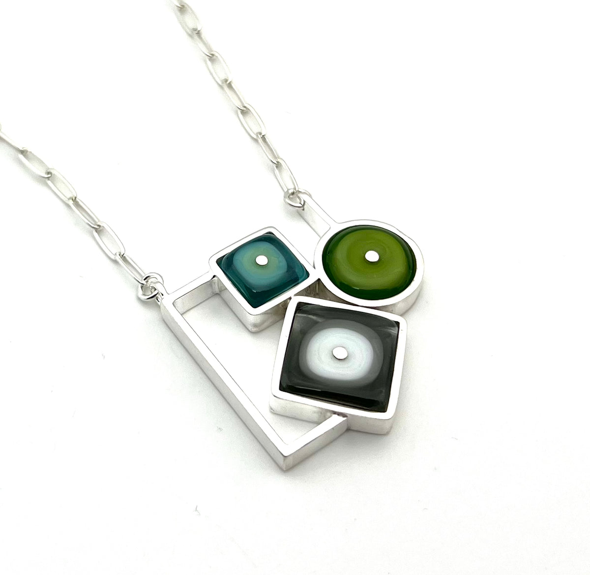 Falling Shapes Necklace in White, Gray, Turquoise, and Green Glass and ...
