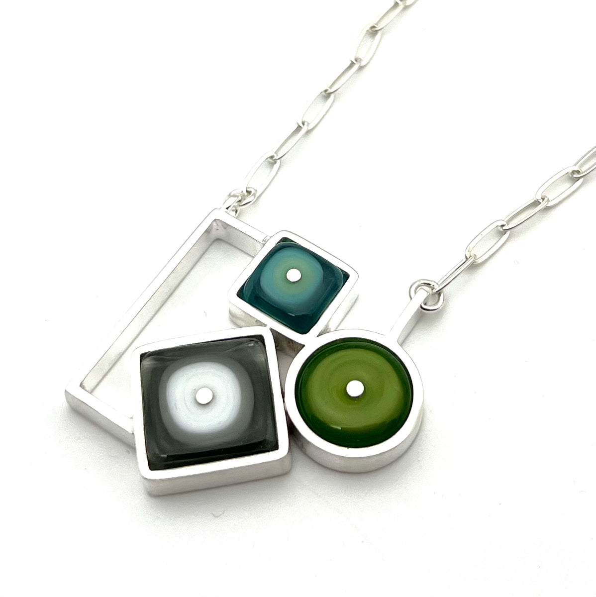 Falling Shapes Necklace in White, Gray, Turquoise, and Green Glass and ...