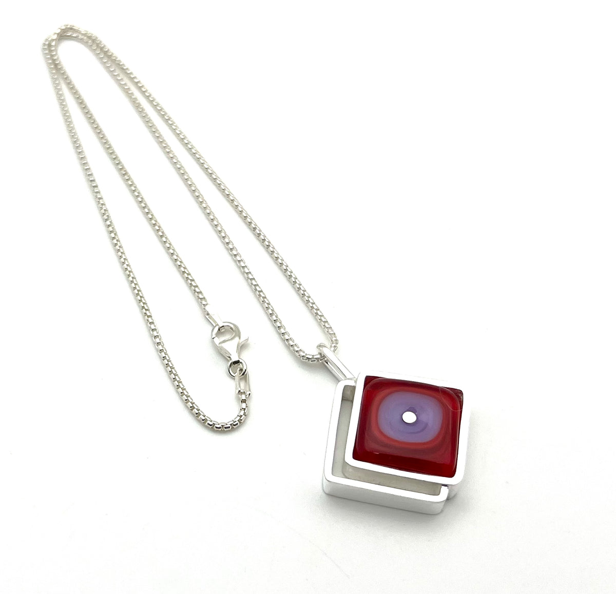 Offset Diamond Shaped Drop Necklace in Lavender and Red Glass and Ster ...